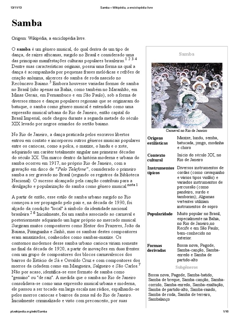 Samba - Wikipédia, A Enciclopédia Livre | PDF | Música da diáspora ...