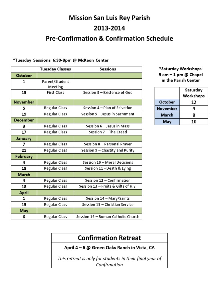 Mission San Luis Rey Confirmation Schedule | PDF