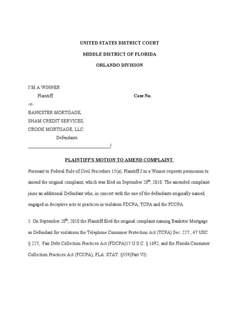 Motion To Amend Sample | PDF | Collection Agency | Complaint