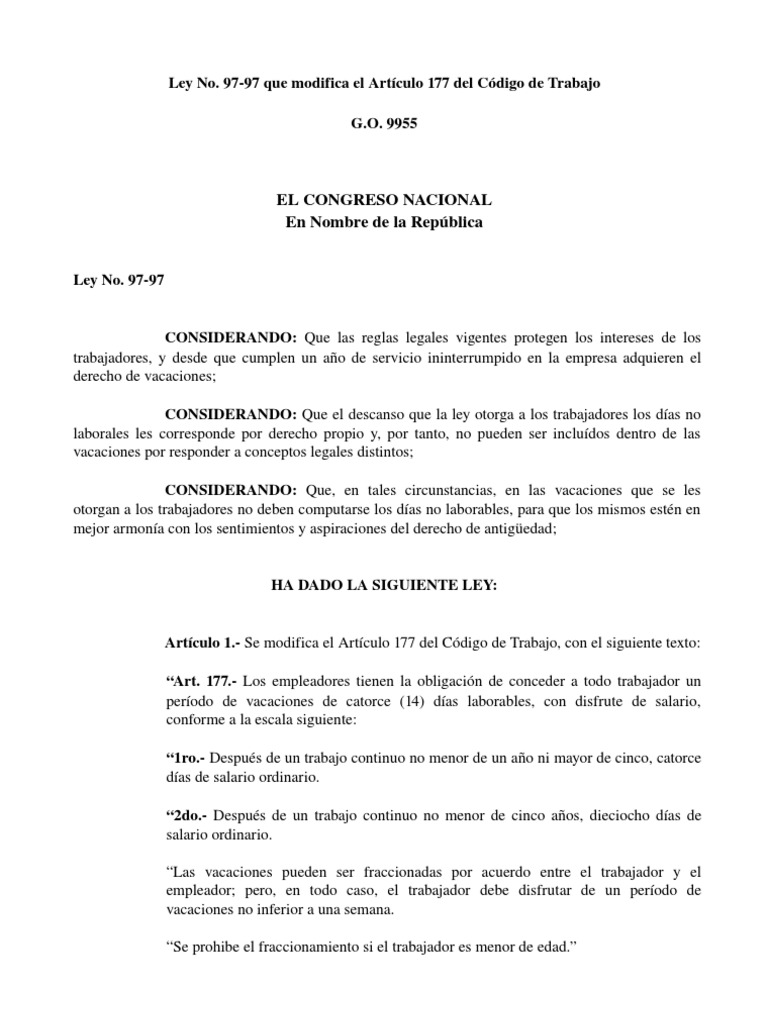 Ley No. 97-97 Que Modifica El Artículo 177 Del Código de Trabajo | PDF ...