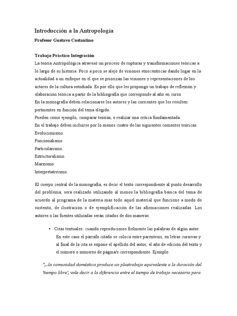 Consignas Trabajo Integrador Antropo 2008 Pdf Antropología Teoría