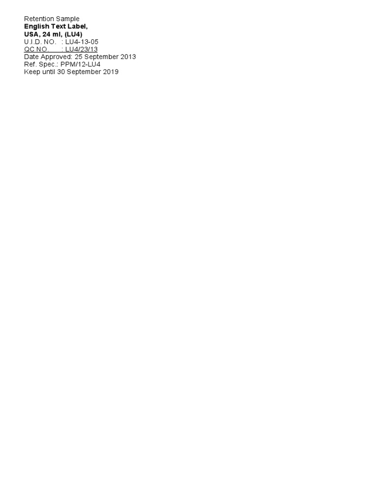 Retention Sample LU4 QC Approval Details | PDF
