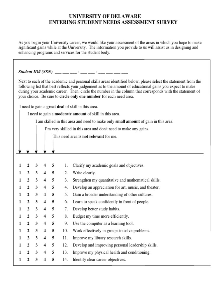 University of Delaware Entering Student Needs Assessment Survey | PDF ...