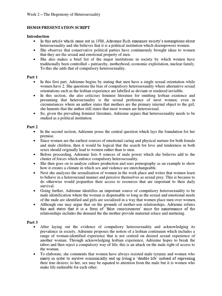 Compulsory Heterosexuality Analysis | PDF | Heterosexuality | Lesbian