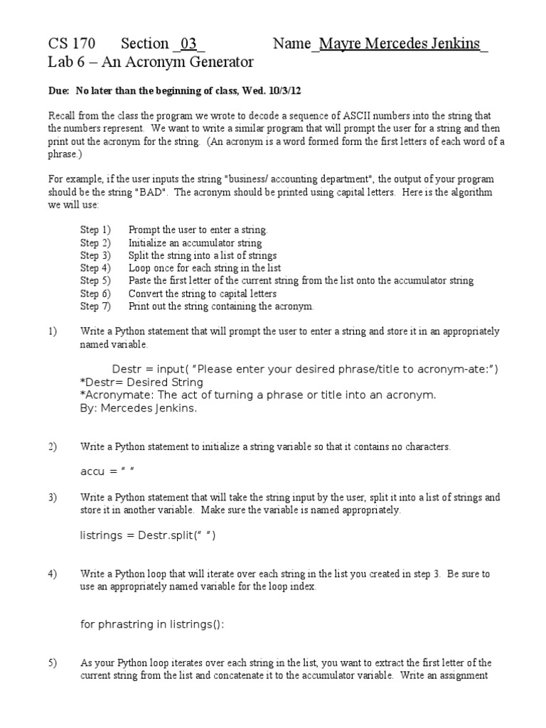 Lab 6 An Acronym Generator Pdf Computing And Information