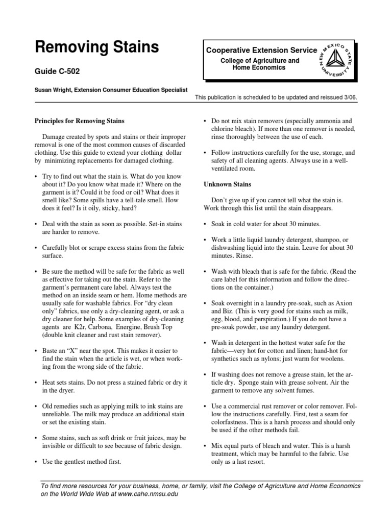 Removing Stains PDF | PDF | Bleach | Laundry