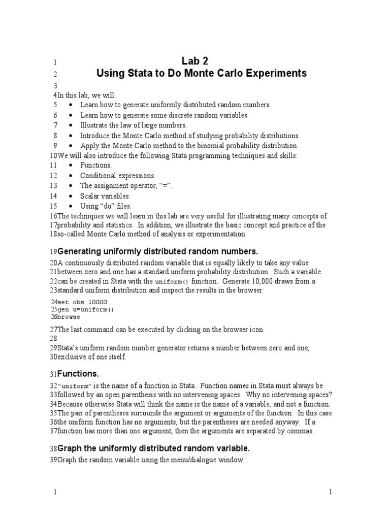 Lab 2 Using Stata To Do Monte Carlo Experiments: Generating Uniformly ...