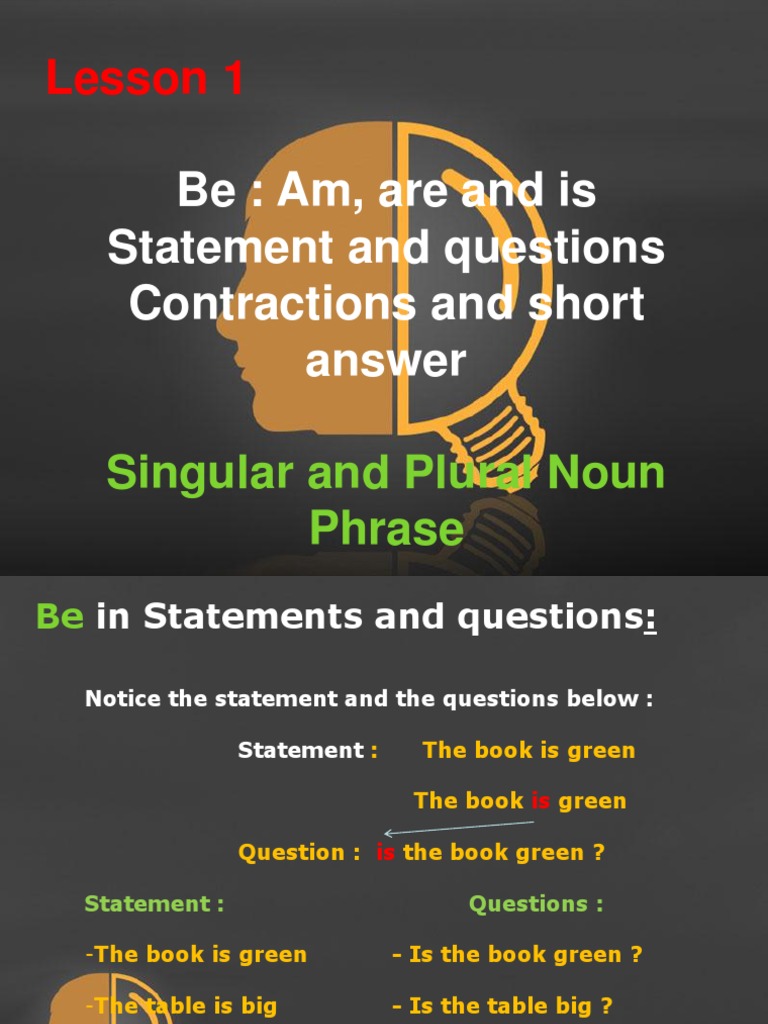 Lesson 1: Be: Am, Are and Is Statement and Questions Contractions and ...