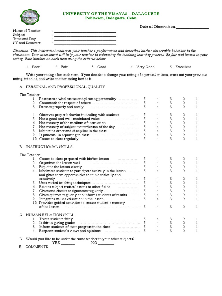 Teacher Performance Assessment Form | PDF