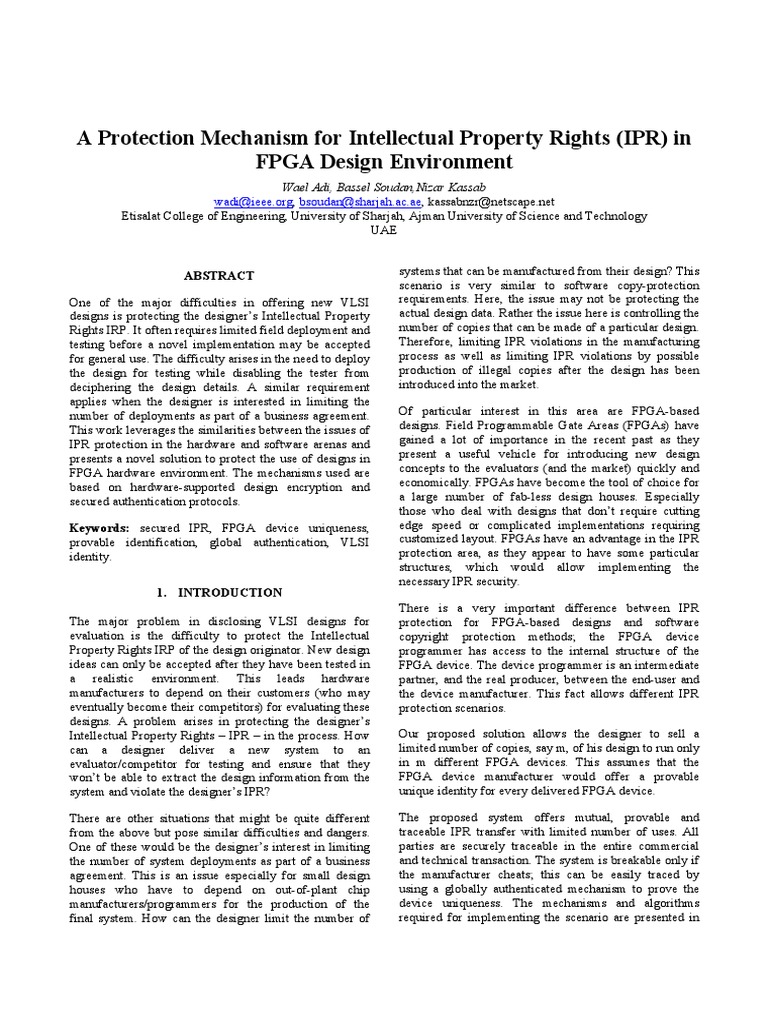 A Protection Mechanism For Intellectual Property Rights (IPR) in FPGA Design Environment | PDF ...