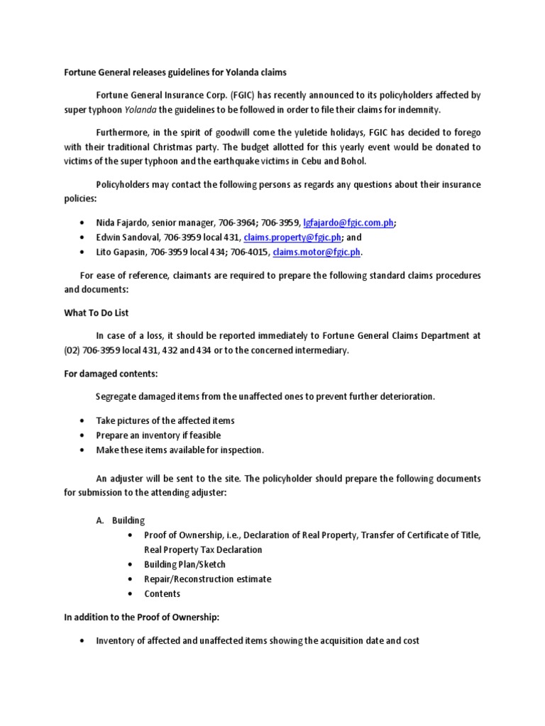 Yolanda Claims Guidelines for FGIC Policyholders | PDF | Finance ...