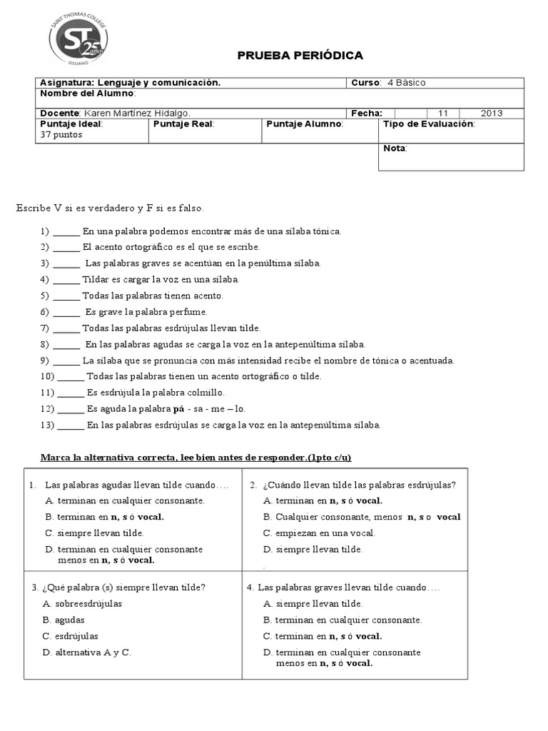 Prueba Para Cuarto Los Hiatos y Diptongos | Lingüística | Idiomas