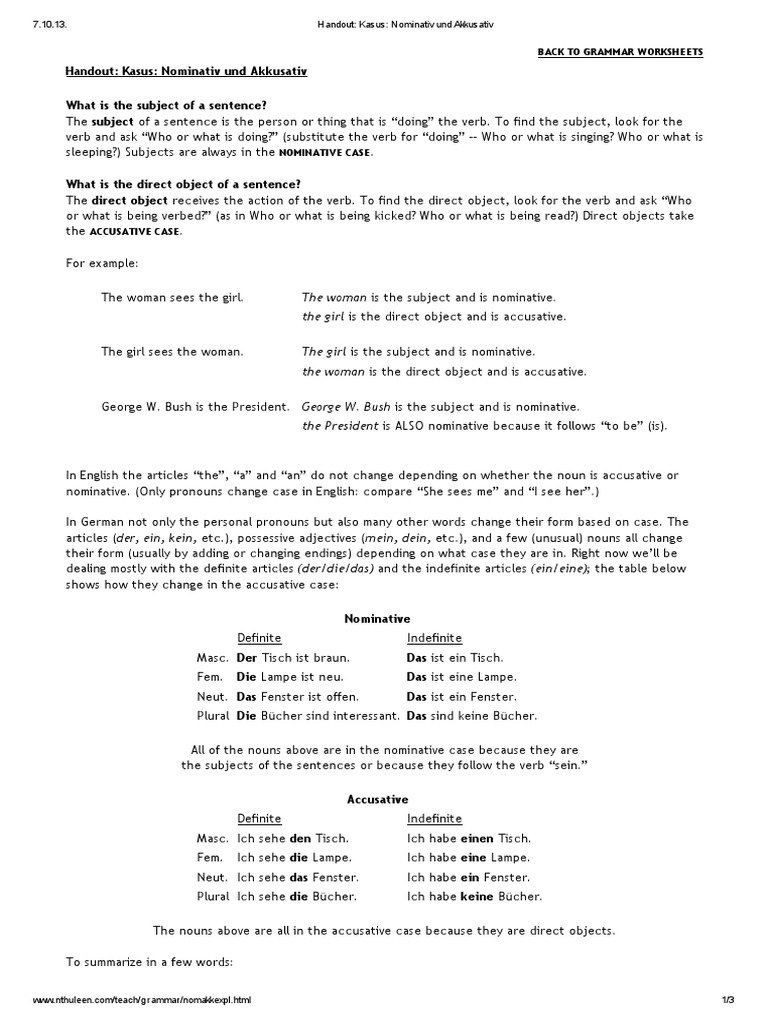 Handout - Kasus - Nominativ Und Akkusativ PDF | PDF | Subject (Grammar ...