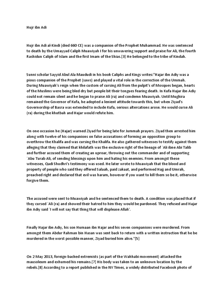 Hujr Ibn Adi | PDF | Ali | Caliphate