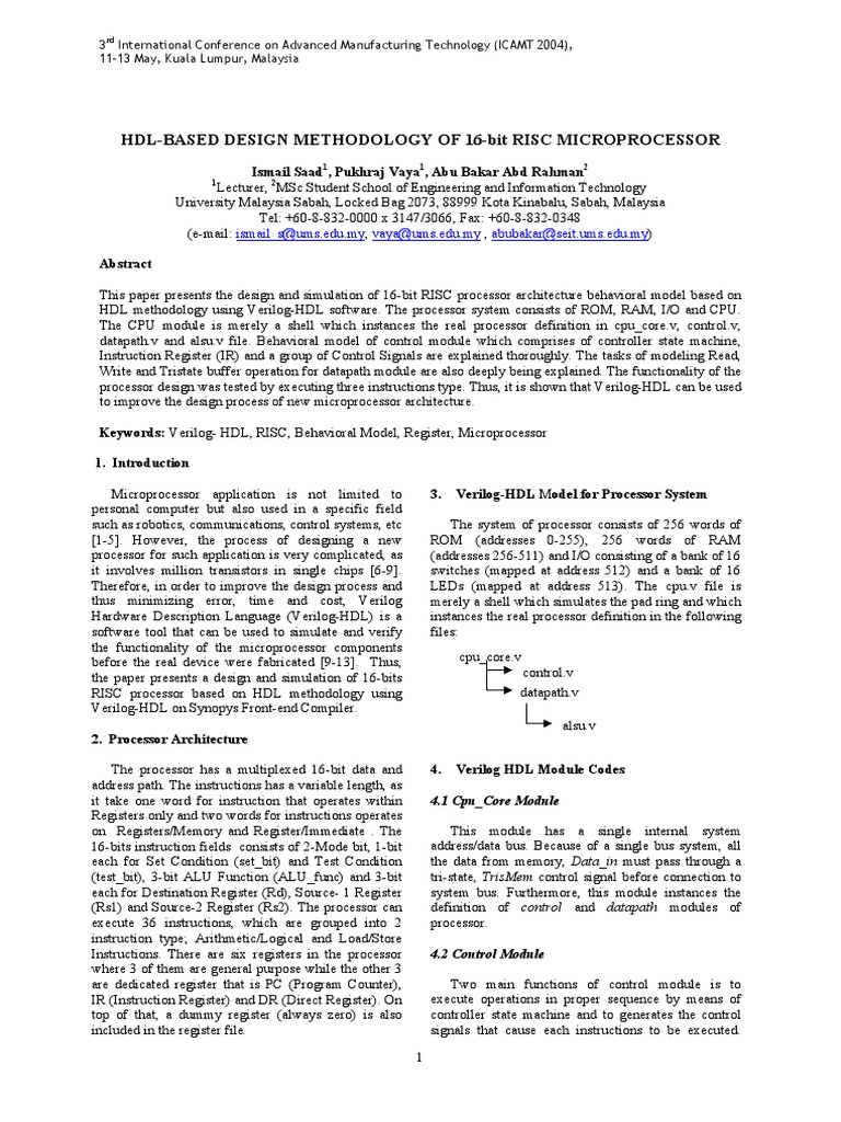 HDL-Based Design Methodology of 16-Bit RISC Microprocessor PDF | PDF ...