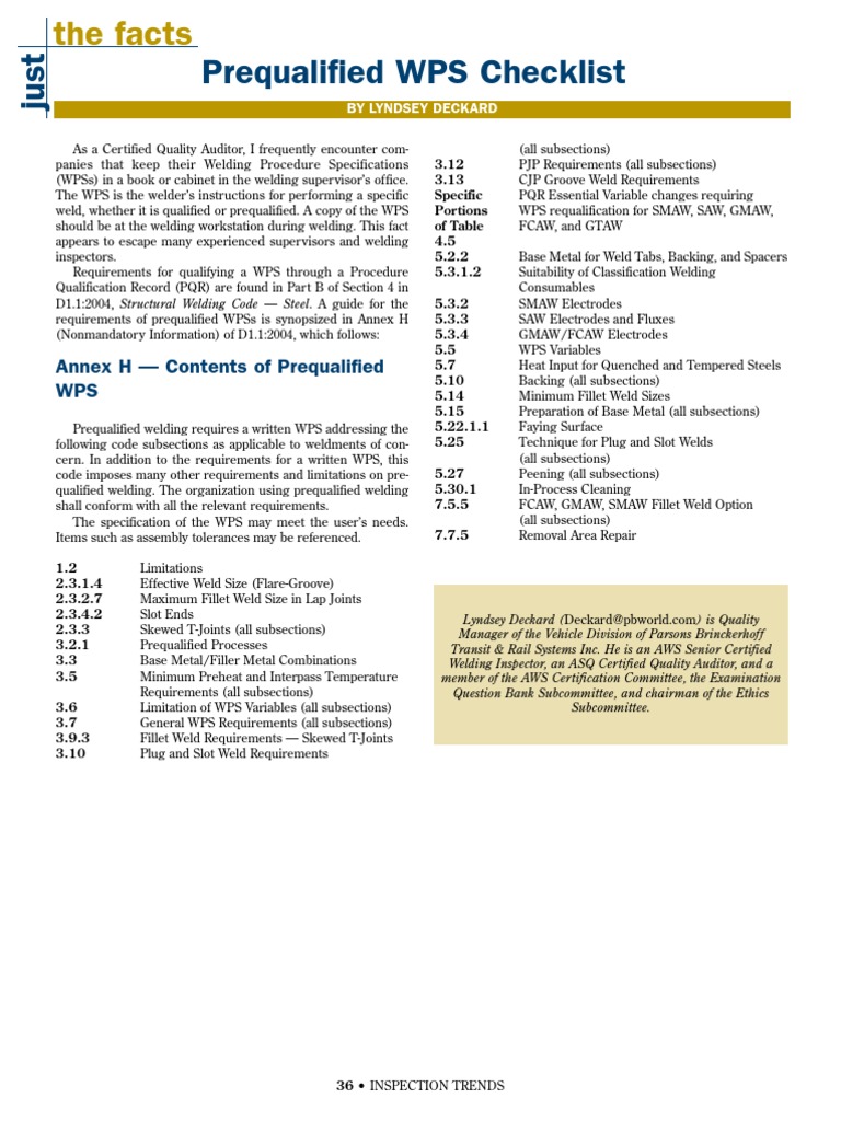 Prequalified WPS Checklist.pdf | Welding | Industries