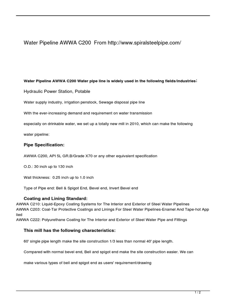 Water Pipeline AWWA C200 40286 | PDF