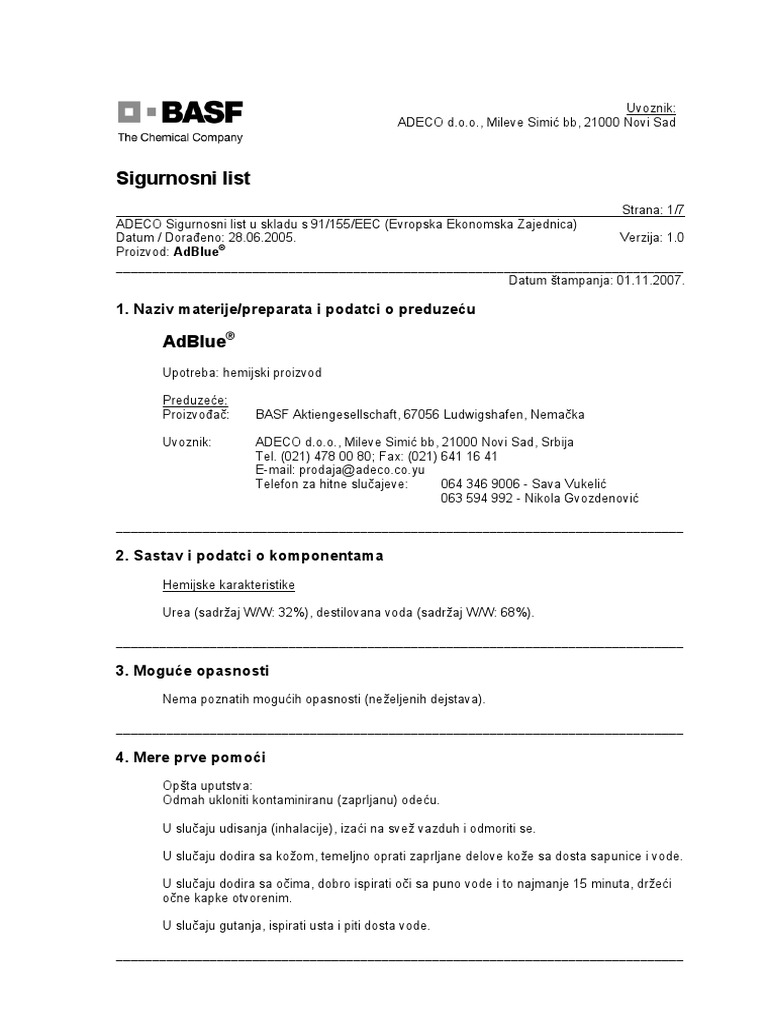Adeco AdBlue MSDS SRB PDF | PDF