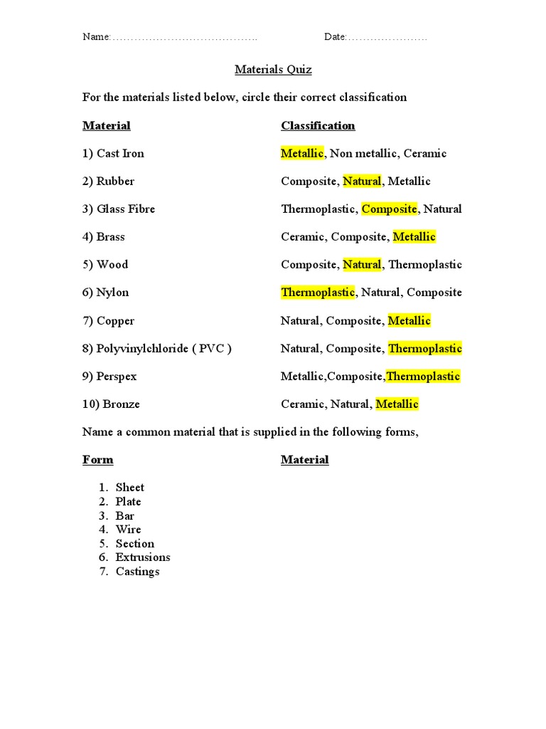 Materials Quiz and Properties Answers | PDF | Ductility | Hardness