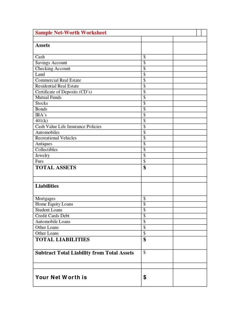 Net-Worth Calculation Template | PDF