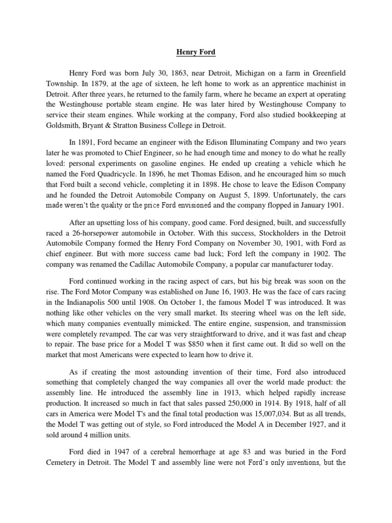 Henry Ford Life Summary | PDF | Car | Ford Motor Company