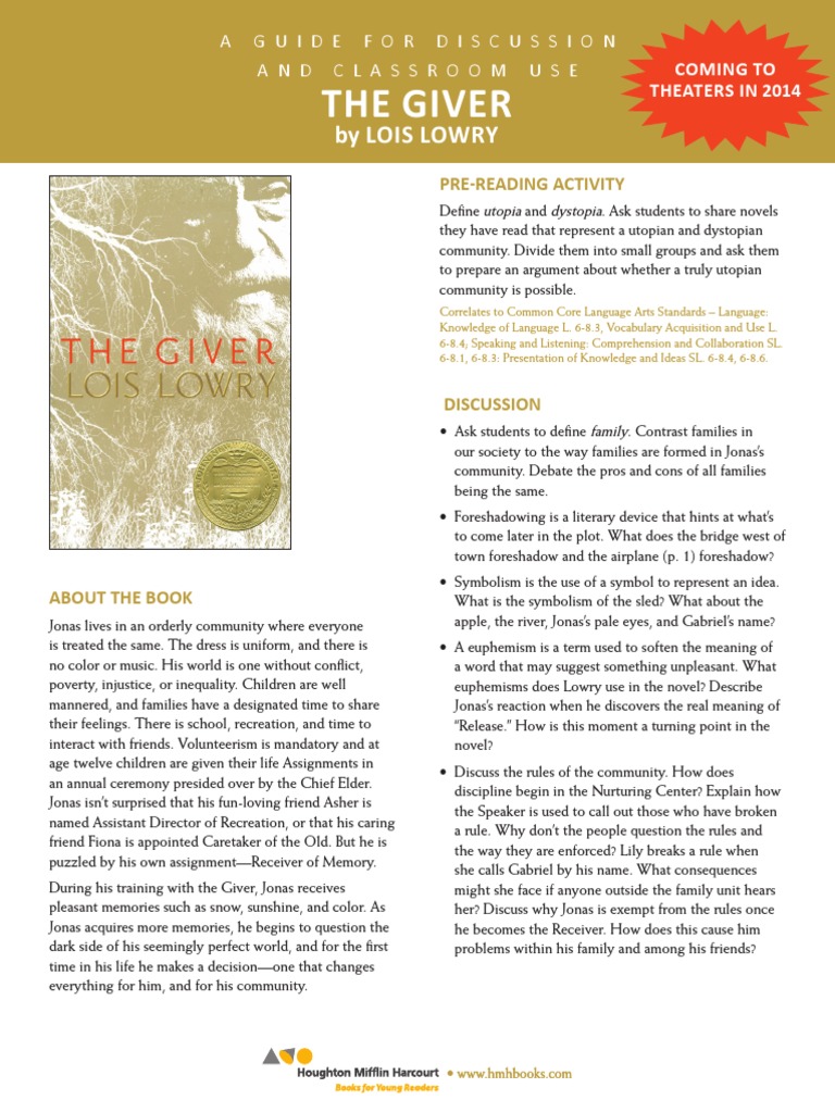 Discussion Guide for Lois Lowry's "The Giver" | The Giver | Curriculum
