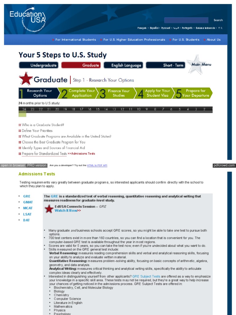 WWW Educationusa Info 5 Steps To Study Graduate Step 1 Prepa | PDF ...