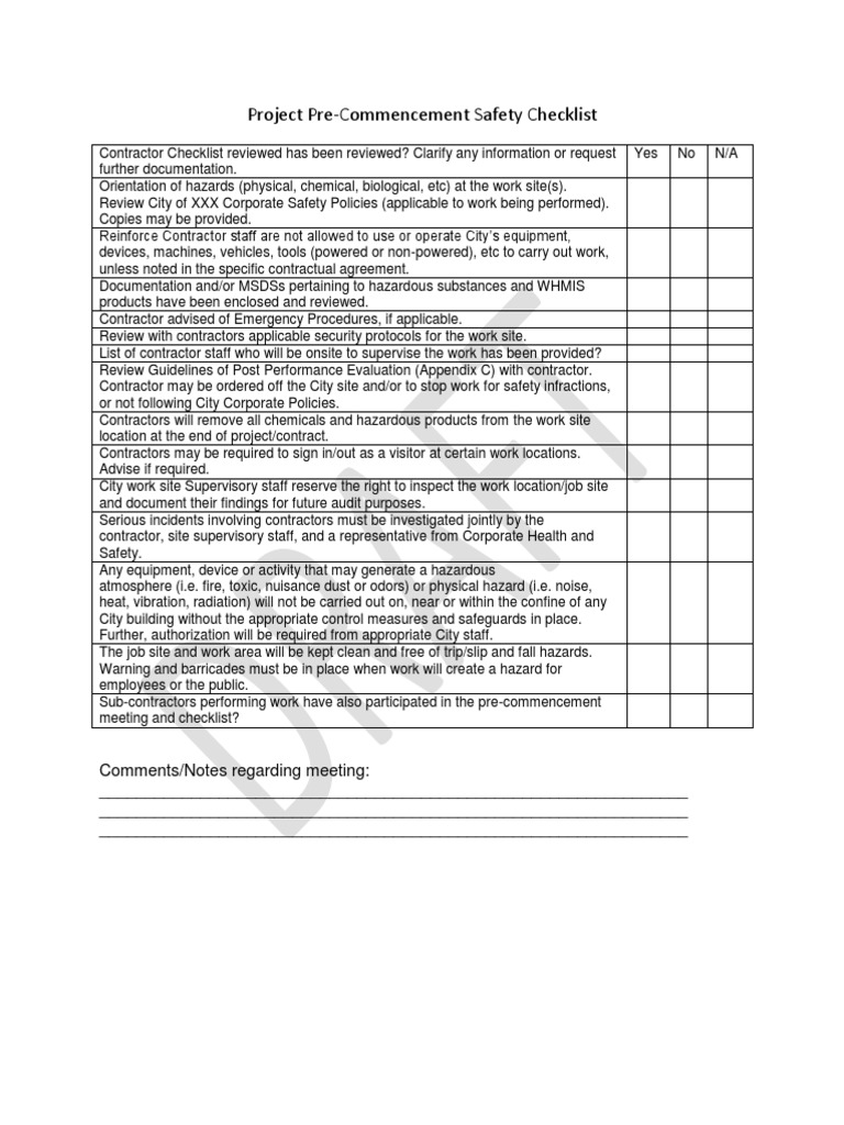 Construction Safety project pre-work meeting checklist | General ...