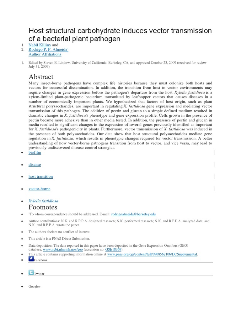 Vector Transmission of A Bacterial Plant Pathogen | PDF | Transmission ...