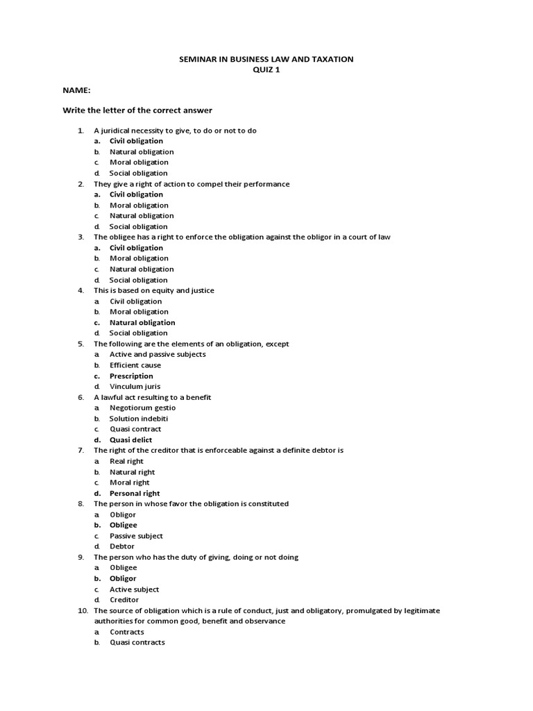 Quizzer 1 Obligations Pdf Law Of Obligations Damages