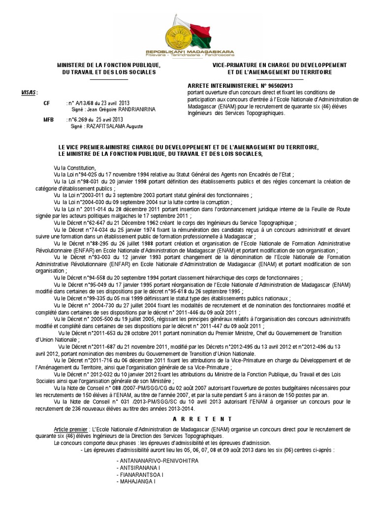 Concours ENAM Madagascar 2013 | PDF | Gouvernement | Sphère publique