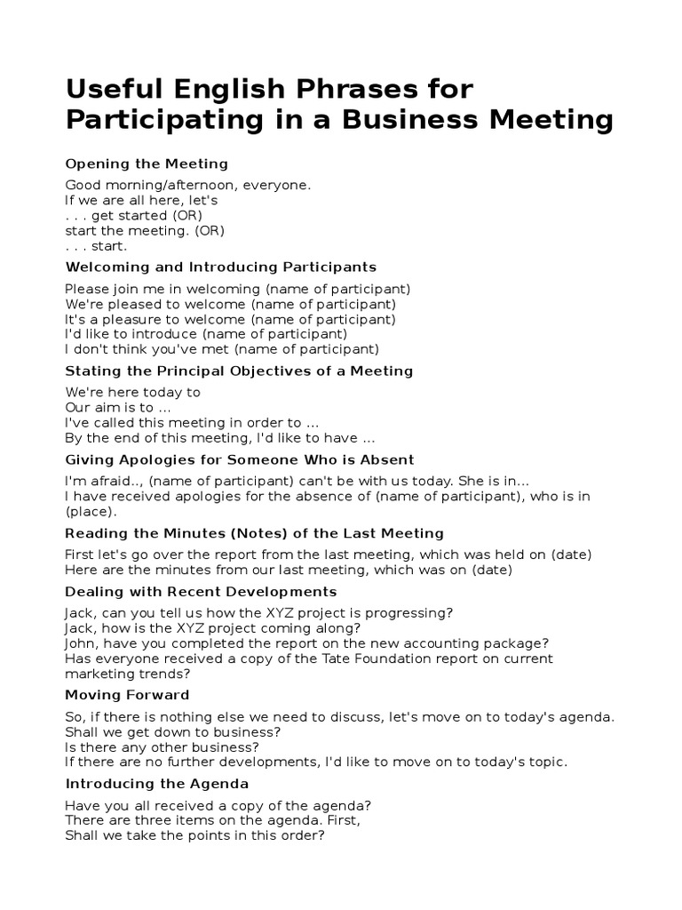 Useful English Phrases For Participating in A Business Meeting | PDF
