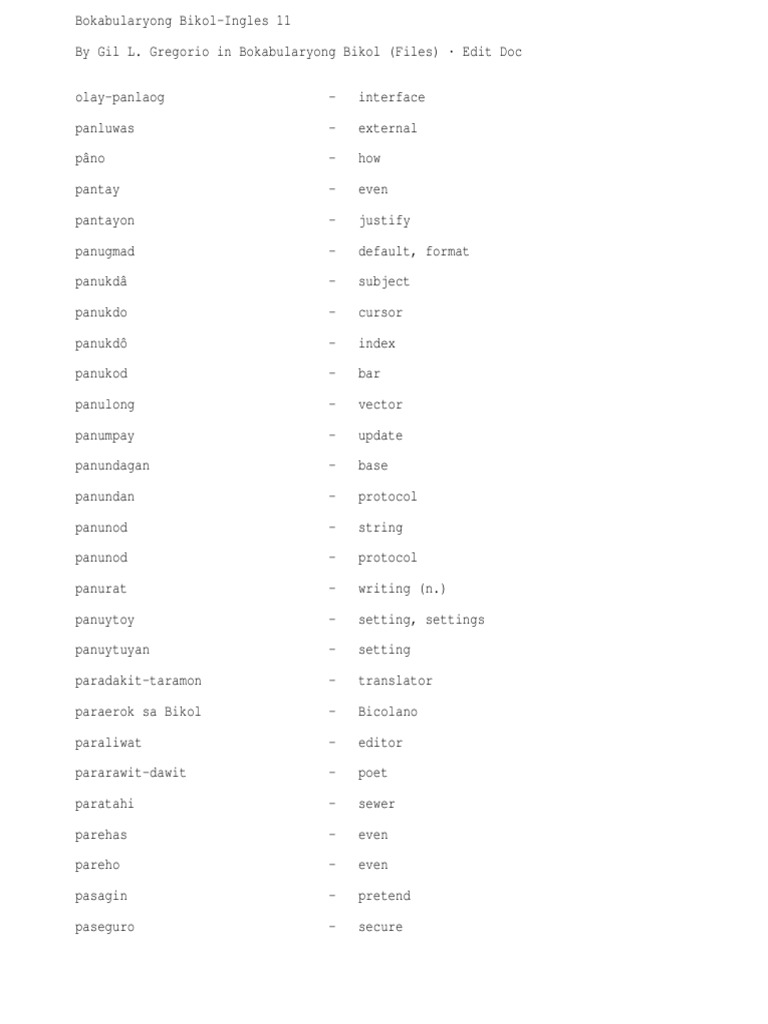 Bokabularyong Bikol-Ingles: A Bicolano-English Vocabulary | PDF