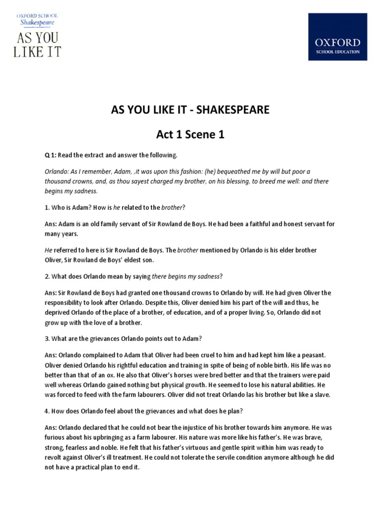 MCQs on "As You Like It" Act 1 | PDF | As You Like It