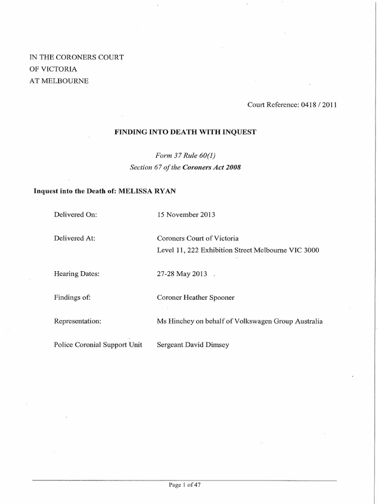Inquest Into The Death of Melissa Ryan. | PDF