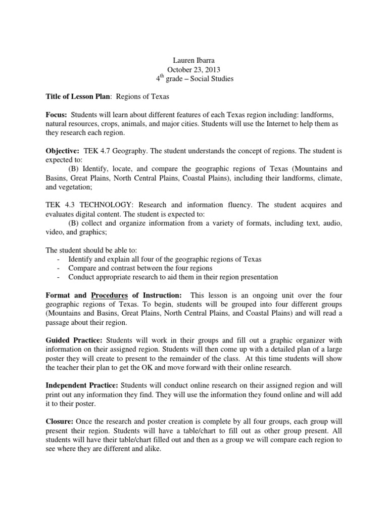 Four Regions of Texas Lesson Plan | PDF | Lesson Plan | Pedagogy