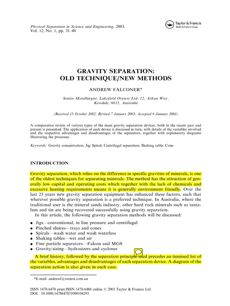 Gravity Separation-Old Technique-New Methods PDF | PDF | Physical ...
