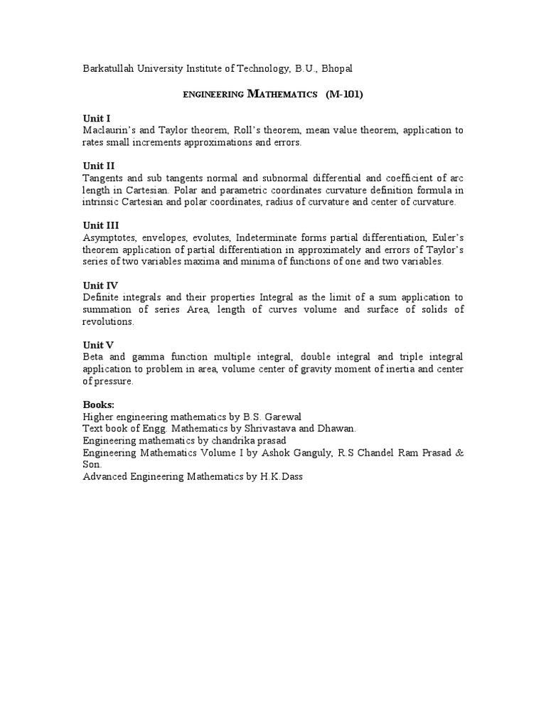 (M-101) Unit I: Engineering Athematics | PDF | Applied And ...