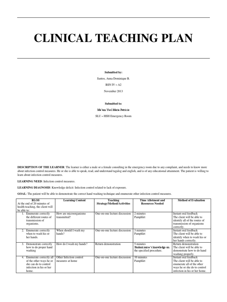 Infection Control - Teaching Plan | PDF | Infection Control | Infection
