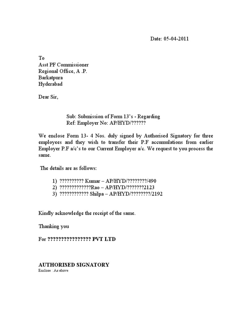Covering Letter For Form 13 of PF Authorities | PDF | Government | Business