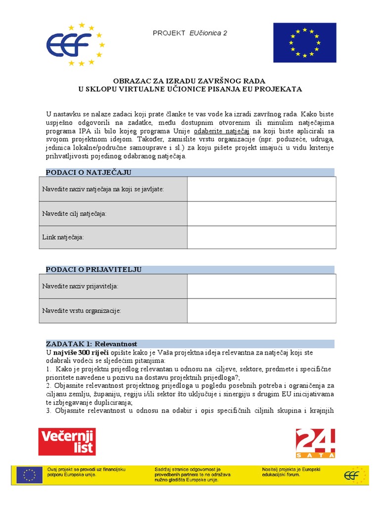 Obrazac Za Pisanje EU Projekta Virtualna Ucionica | PDF