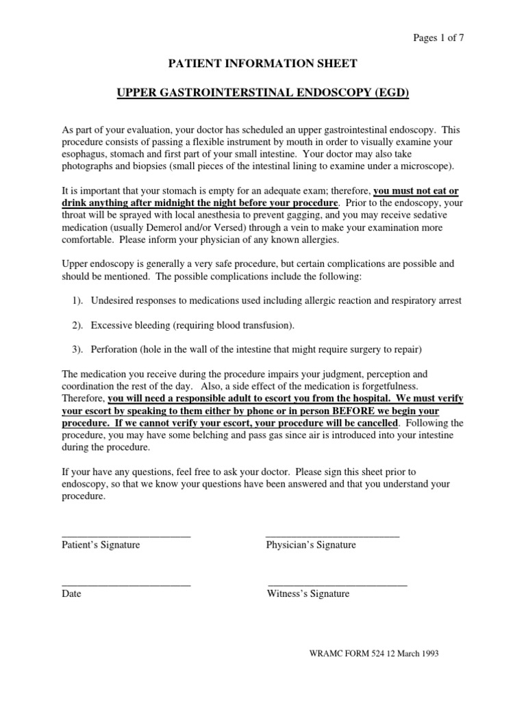 Patient Information Sheet Upper Gastrointerstinal Endoscopy (Egd) | PDF ...