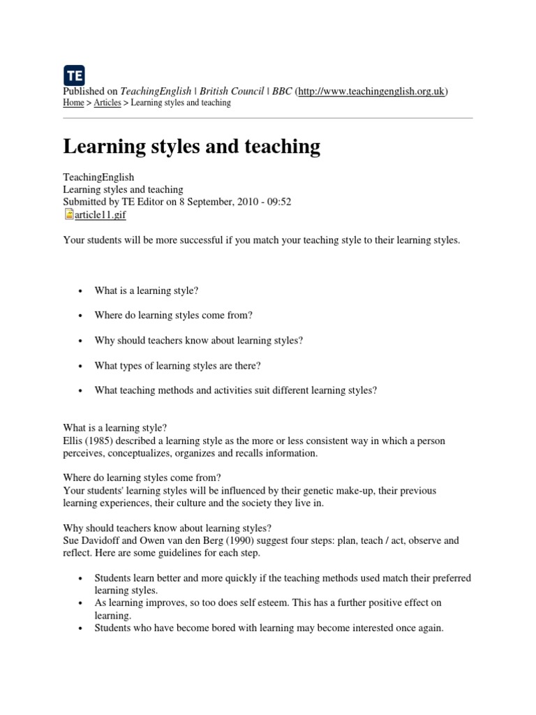 Home Articles Learning Styles and Teaching | PDF | Learning Styles ...