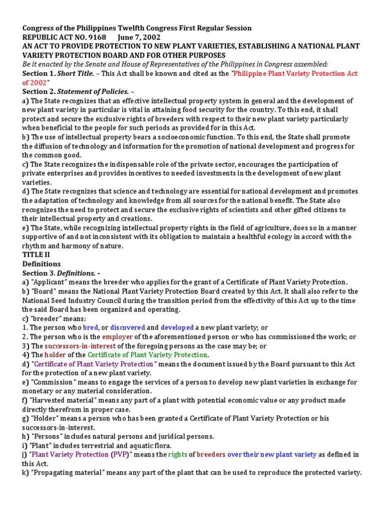 RA 9168 Plant Variety Protection Act | PDF | Priority Right | Patent ...