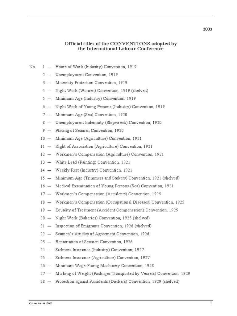 List Of Ilo Conventions Pdf International Labour Organization Wage