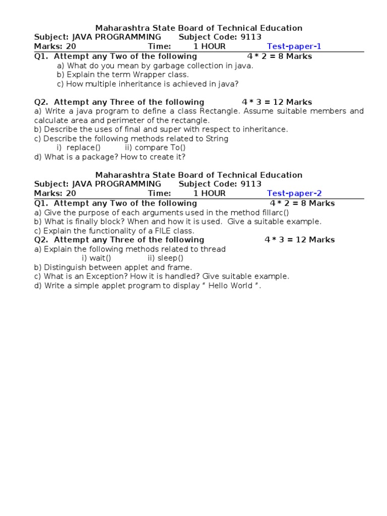 Msbte Java 9113 Question Paper Pdf Java Programming Language Class Computer Programming