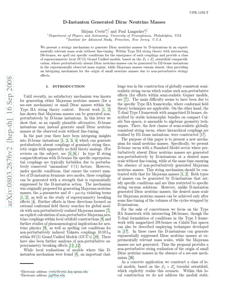 D-Instanton Generated Dirac Neutrino Masses | PDF | Gauge Theory | String Theory