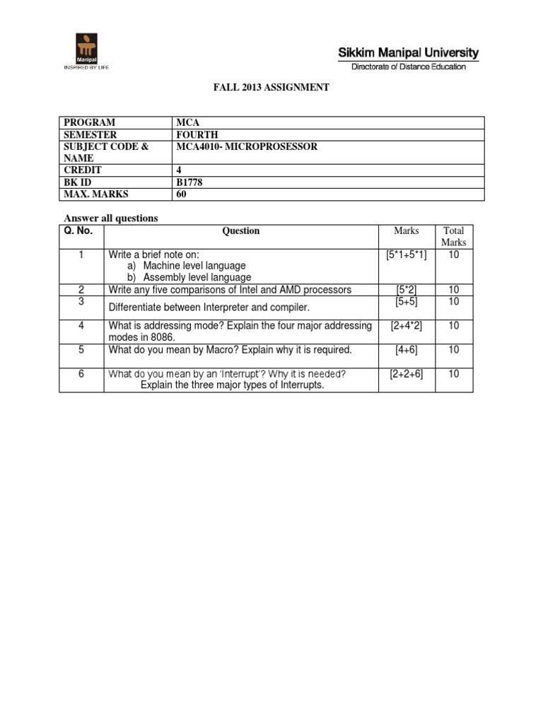 MCA4010 Microprocessor Assignment 2013 | PDF