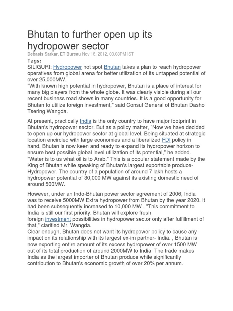 Bhutan To Further Open Up Its Hydropower Sector | PDF
