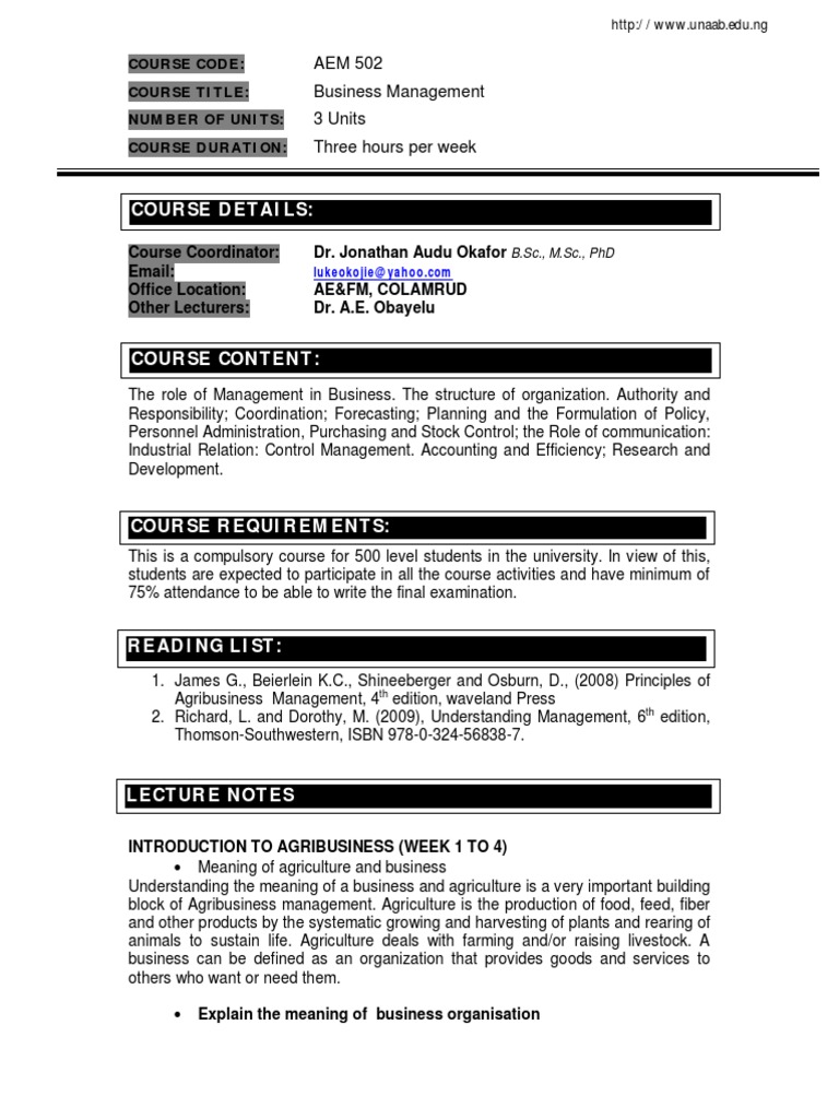 Course Details: Course Details:: AEM 502 Business Management 3 Units ...